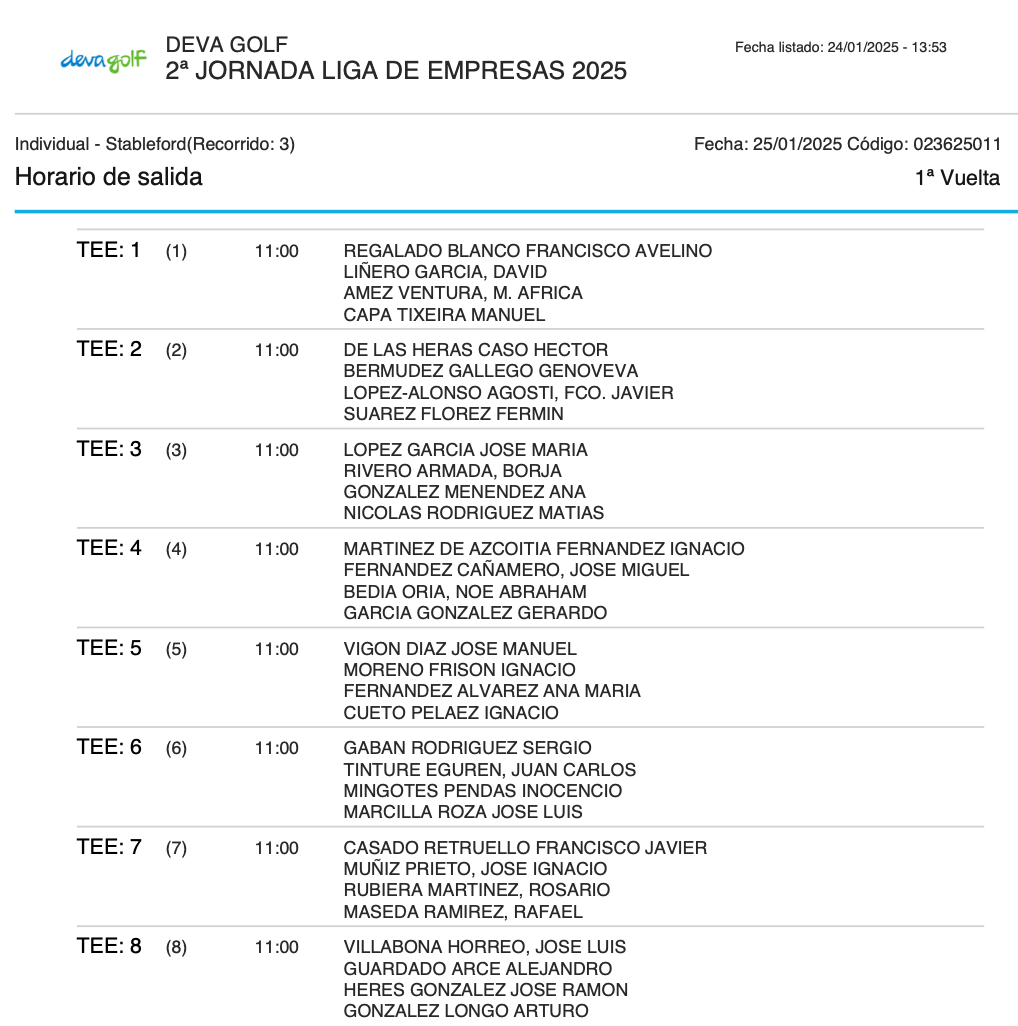 HORARIOS 2ª JORNADA LIGA EMPRESAS 2025 / DEVA GOLF | GOLFPORASTURIAS.COM
